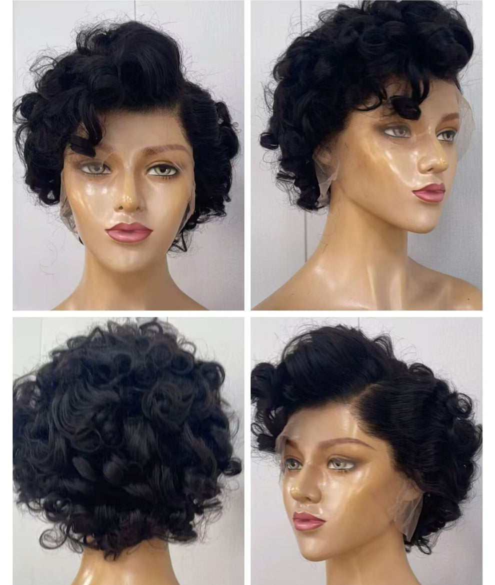 Perruque Lace Front Wig bouclée noire, cheveux humains, coupe Pixie, p ...