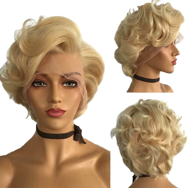 613 Blonde Pixie Cut Wig Wave Short Lace Wig Human Hair for Black Wome ...